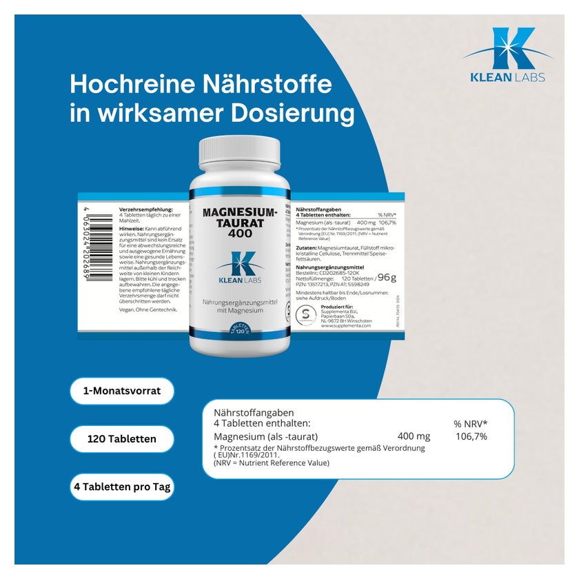 Klean Labs Magnesium Taurat 400 120 St online kaufen | DocMorris