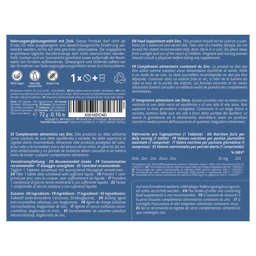 nutri+ Zink Tabletten 25 mg - hochdosiert vegan 180 St online kaufen ...