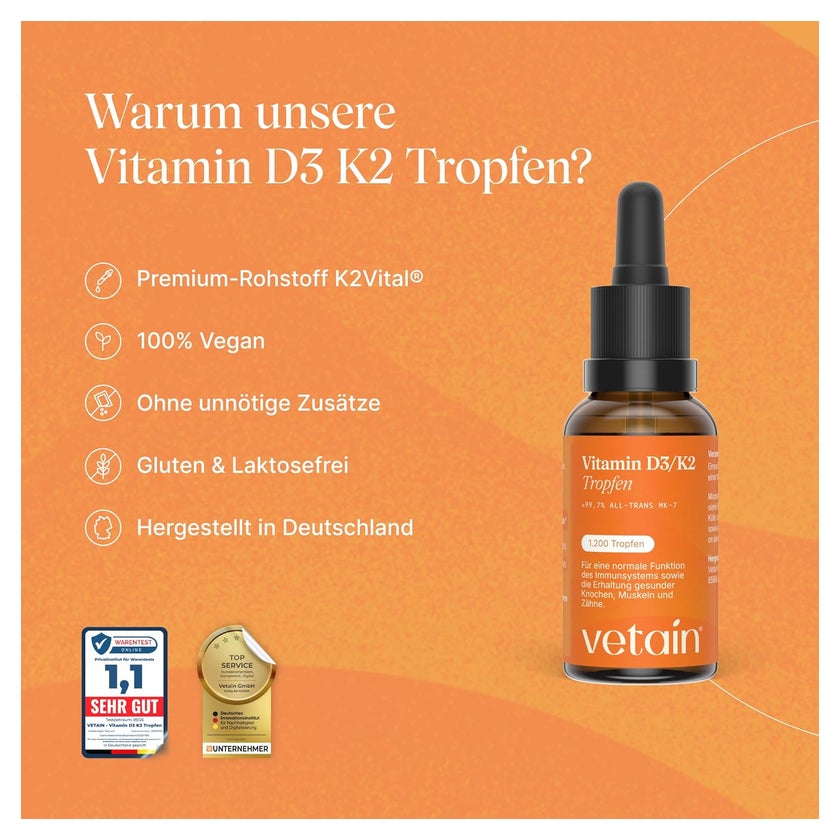 VETAIN Vitamin D3 K2 Tropfen - in MCT Öl - hochdosiert 1200 St online ...