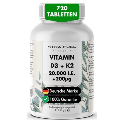 XTRA FUEL Vitamin D3 + K2 Tabletten - hochdosierte 20.000 I.E. + 200mcg ...