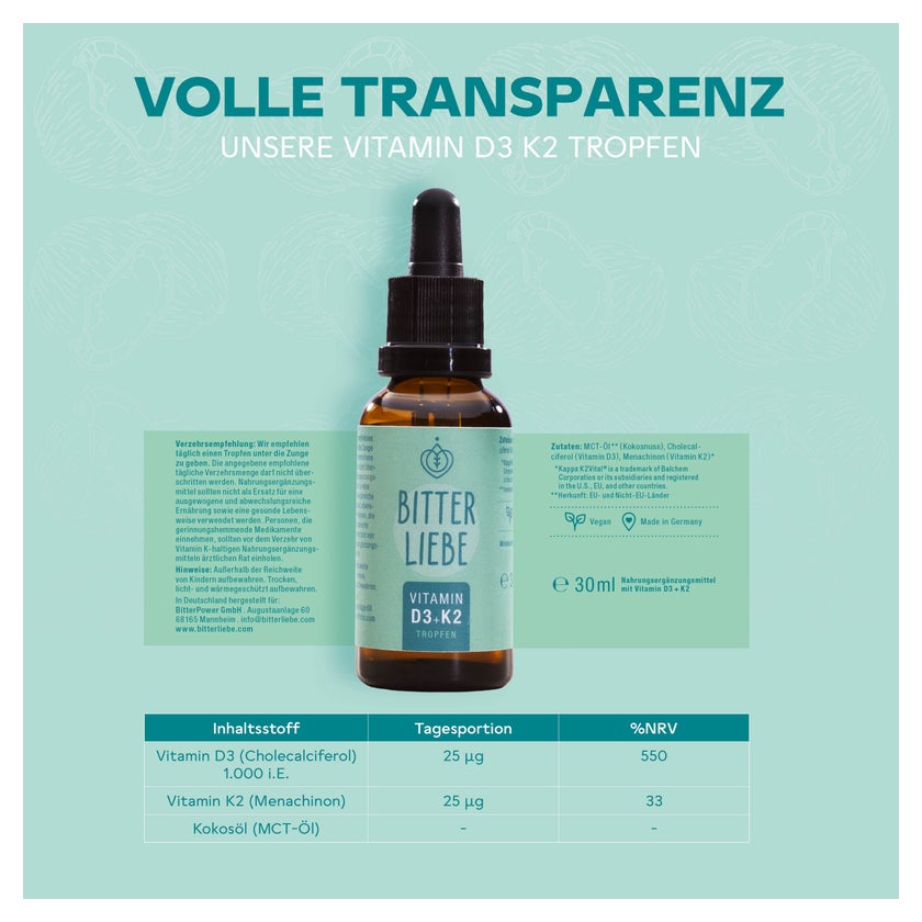 BitterLiebe Vitamin D3 K2 Tropfen hochdosiert und vegan - K2 Vitamin und hoch bioverfügbare ...